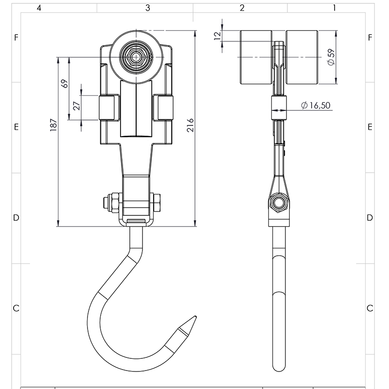 Crochet bi-rail long pointe Ø 18mm